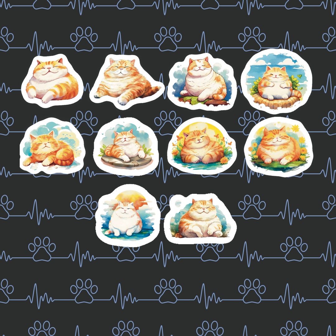 Lazy Fat Cat Stickers, Set of 20 Stickers, Cat Stickers, Kitten ...