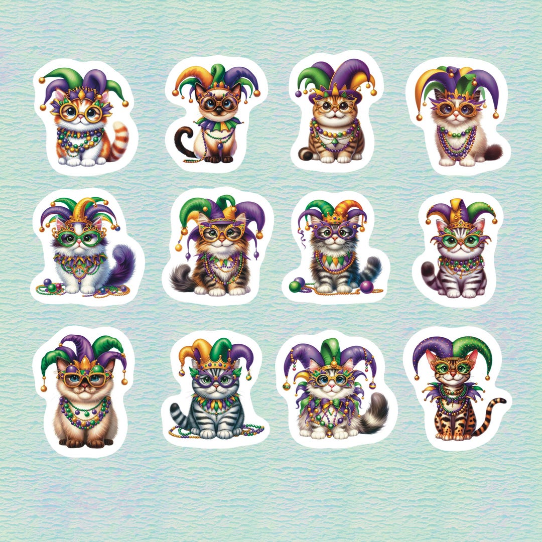 Mardi Gras Kittens Set of 24 Stickers, Sticker, Journal Sticker, Die ...