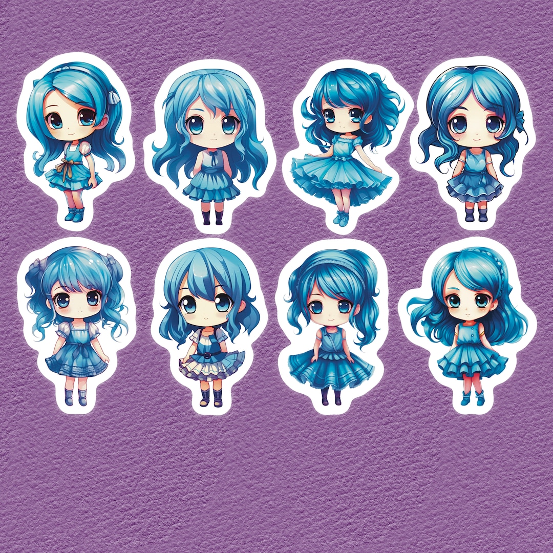 Blue Anime Girl Stickers, Set of 24 Stickers, Blue Girl Stickers, Anime ...