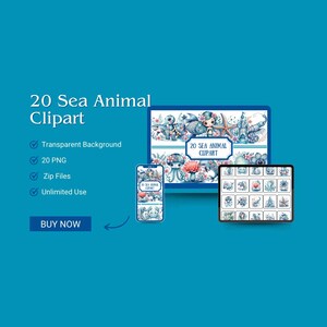 20 PNG Ocean Clipart | Cute Sea Animals| Digital Download | High-res ...