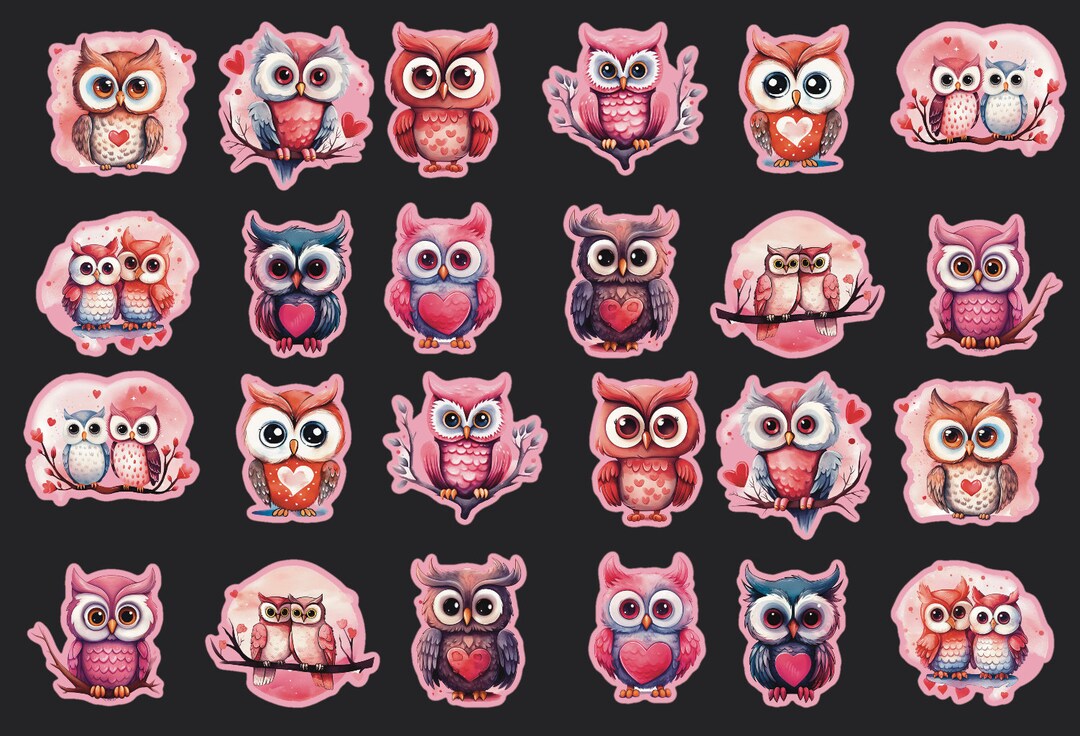 Owl Stickers, Set 24 Stickers, Valentine Sticker, Love Stickers, Heart ...