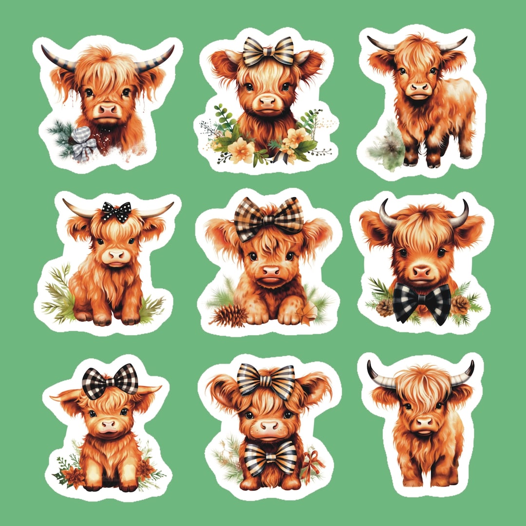 Highland Cow Stickers, Set 18 Stickers, Baby Highland Cow Stickers, Cow ...