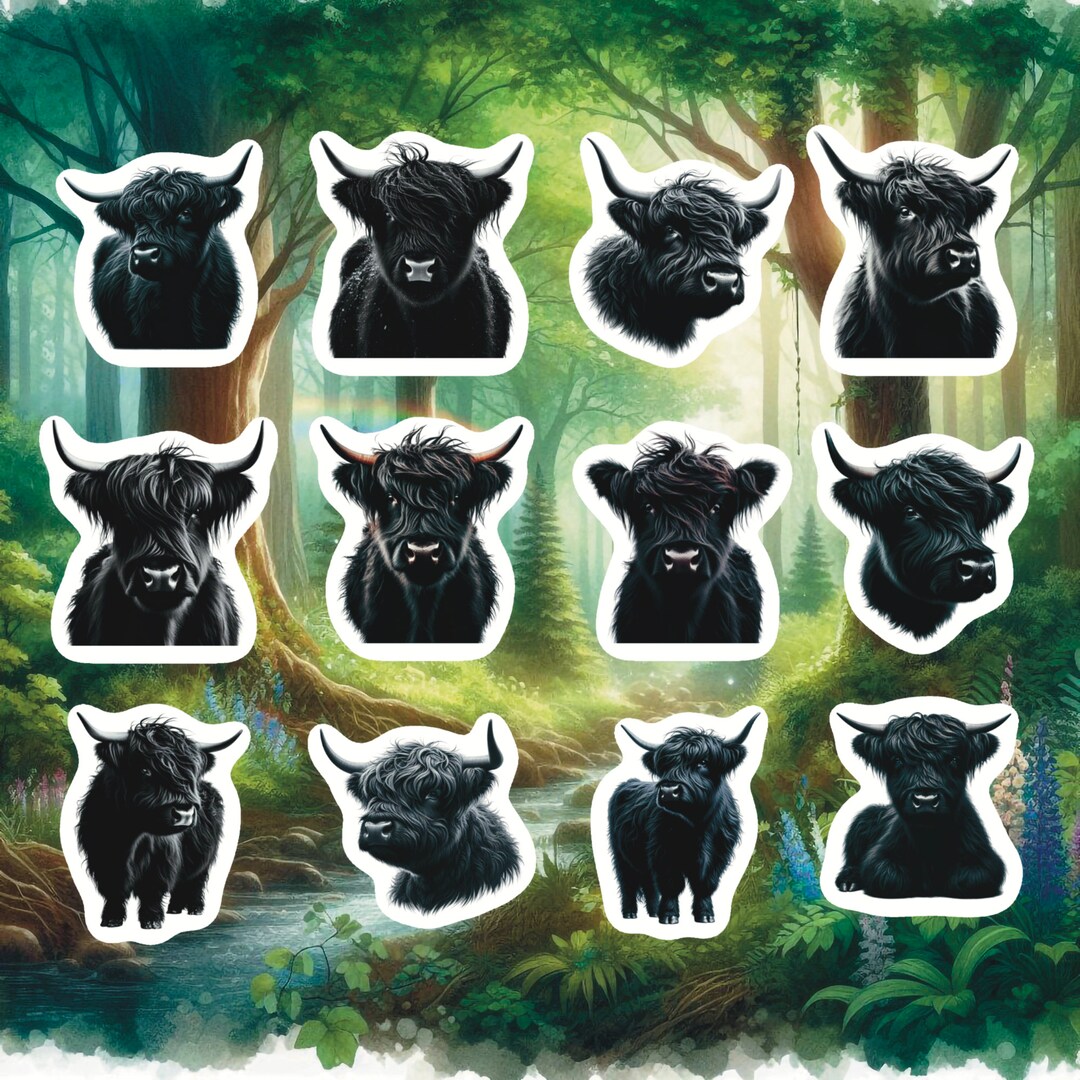 Black Highland Cow Stickers, Set of 24 Stickers, Cow Stickers, Highland ...