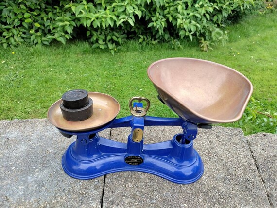 Vintage Salter Kitchen Scales and Weights. Navy Blue Base. Brass Pans. Kitchenalia. Dresser Display. Gift. Etsy UK