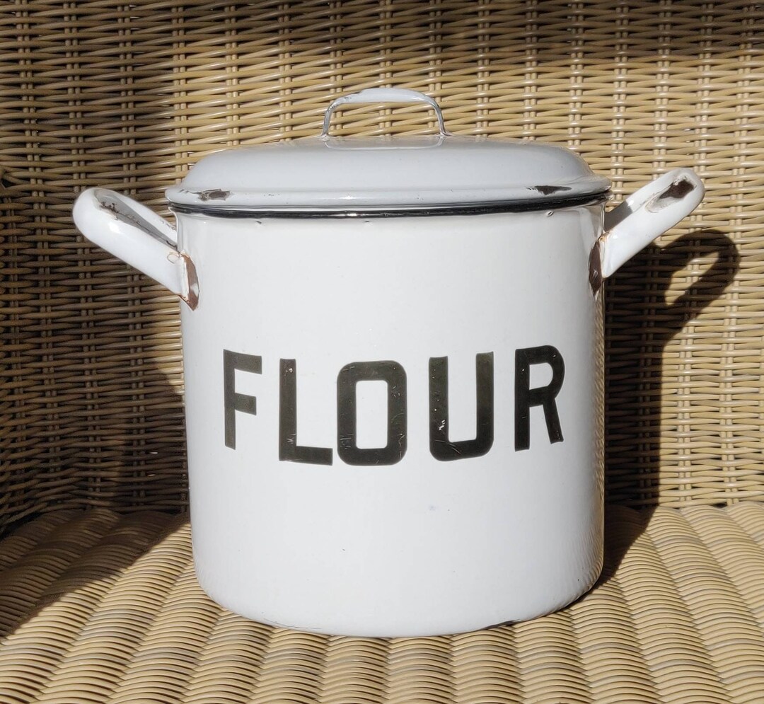 Vintage Enamelware Flour Bin. C1950. Round. White and Black ...