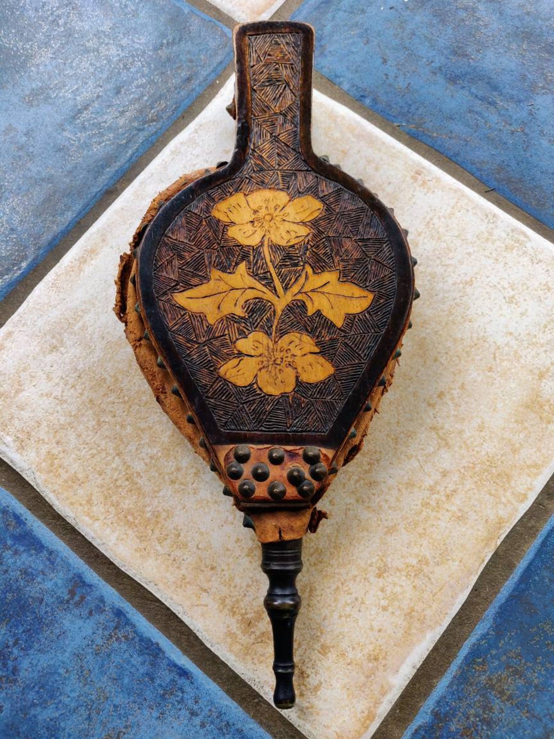 Antique Bellows. Arts and Crafts Pokerwork. Pyrography. C1920. Leather ...