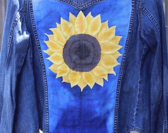 Hand Painted Sunflower Denim Jacket, Jean Jacket, Upscaled Custom ...