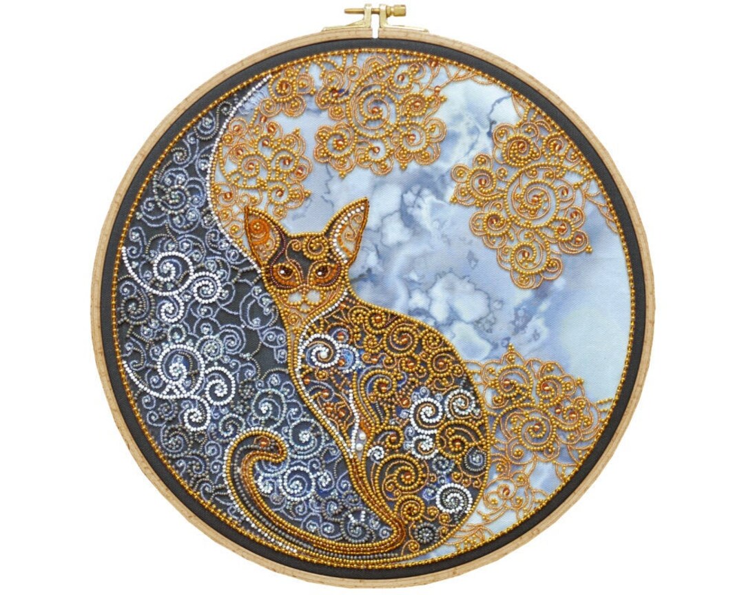 DIY Bead Embroidery Kit Moon Cat, Animal Beadwork Kit, Hoop Art ...