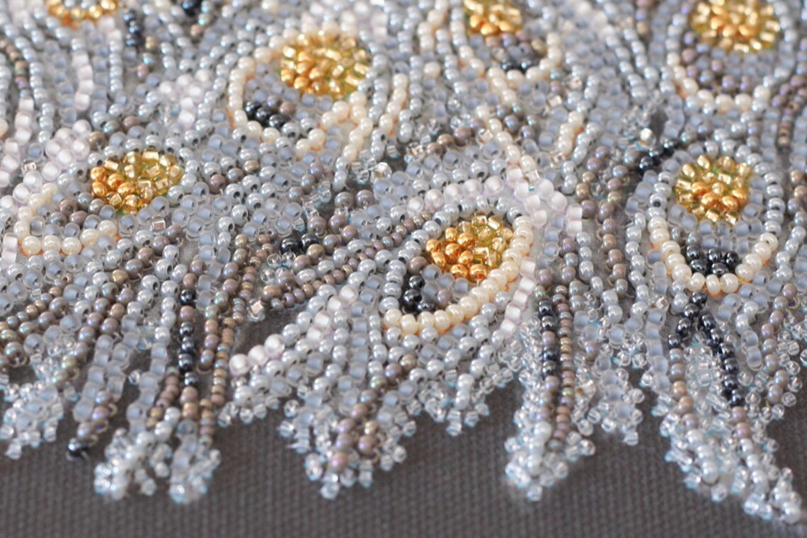 Peacock Bead Embroidery Kit DIY, Gold in Silver, Beaded Cross Stitch ...