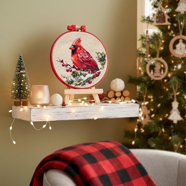 DIY Cross Stitch Kit Cardinal Bird, Embroidery Kit With Plactic Hoop ...