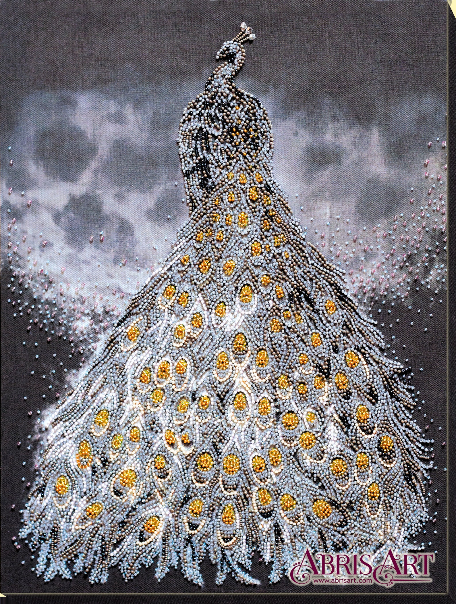 Peacock Bead Embroidery Kit DIY, Gold in Silver, Beaded Cross Stitch ...