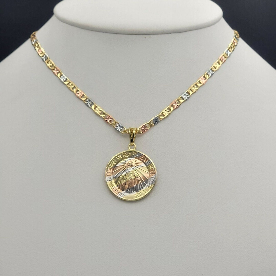 Tri Color Gold Plated Miraculous Medal Necklace Our Lady of Grace. La ...