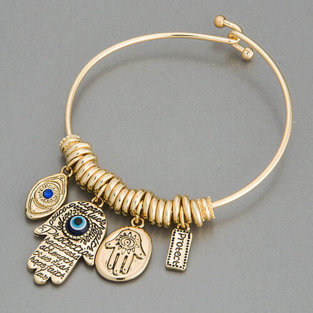 Gold Hamsa Hand Blue Eye Protect Statement Charm Indie Bohemian Style ...