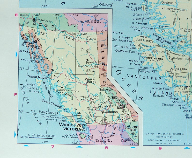 1961 BRITISH COLUMBIA CANADA Atlas Map, Vintage Time Life Rand Mcnally ...