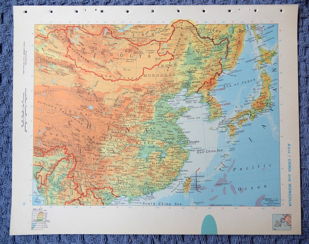 1966 CHINA + MONGOLIA Atlas Map, Vintage World Book Atlas, Full Color ...