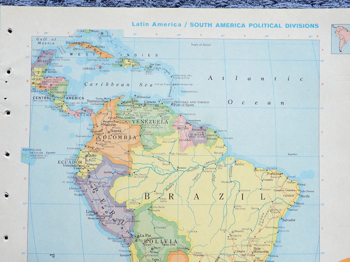 1966 SOUTH AMERICA Atlas Map, Vintage World Book Atlas, Full Color ...