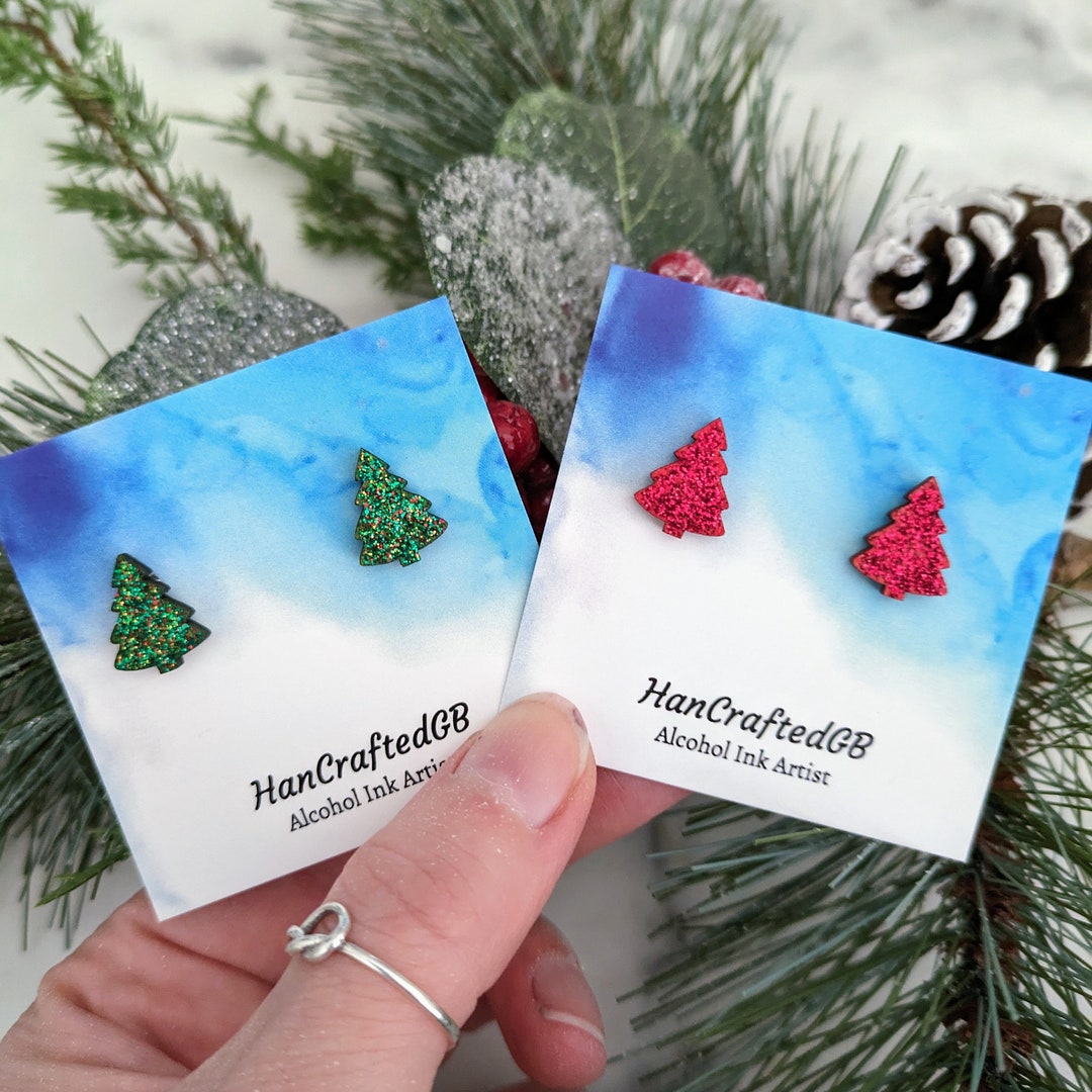Green Red Christmas Tree Stud Earrings, Glitter Studs, Statement Jewellery, Hypoallergenic ...