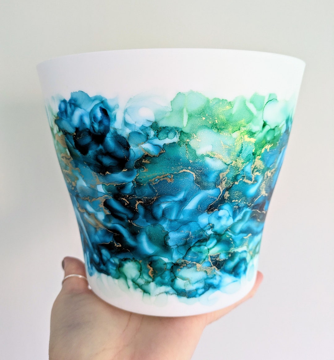 Lagoon Blue Alcohol Ink Painted Planter With Drainage Saucer - Etsy UK