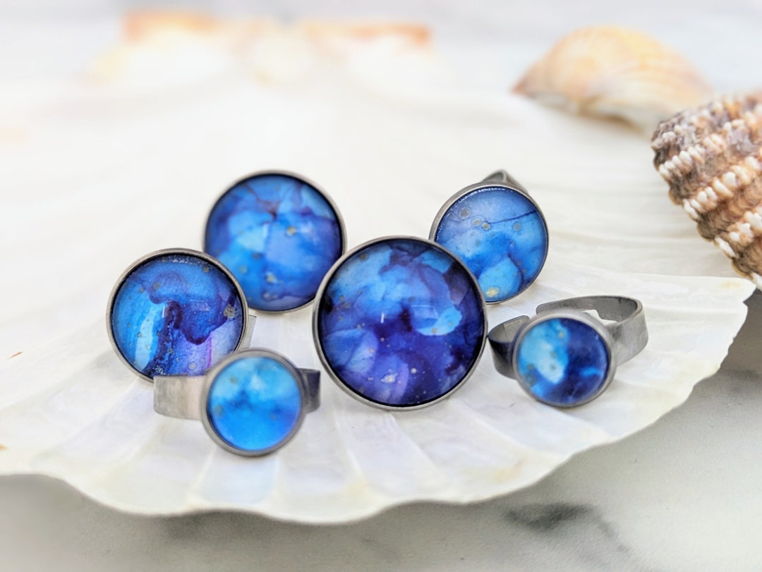 Blue Ocean Ring, Adjustable Rings, Silver Stainless Steel, Statement Jewellery, Alcohol Ink Art ...