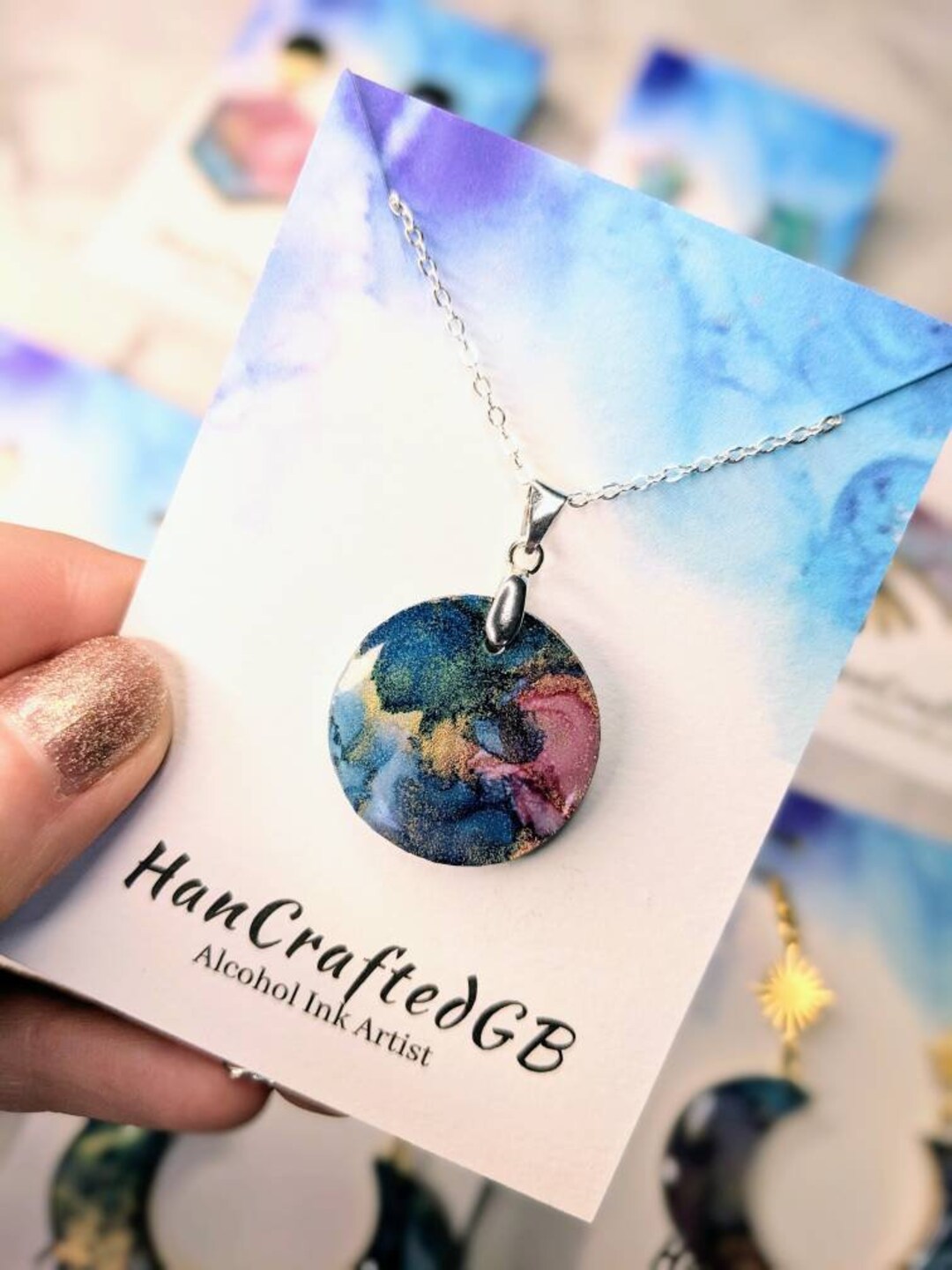 Alcohol Ink Galaxy Necklace: Resin Art Pendant, Hypoallergenic Chain ...