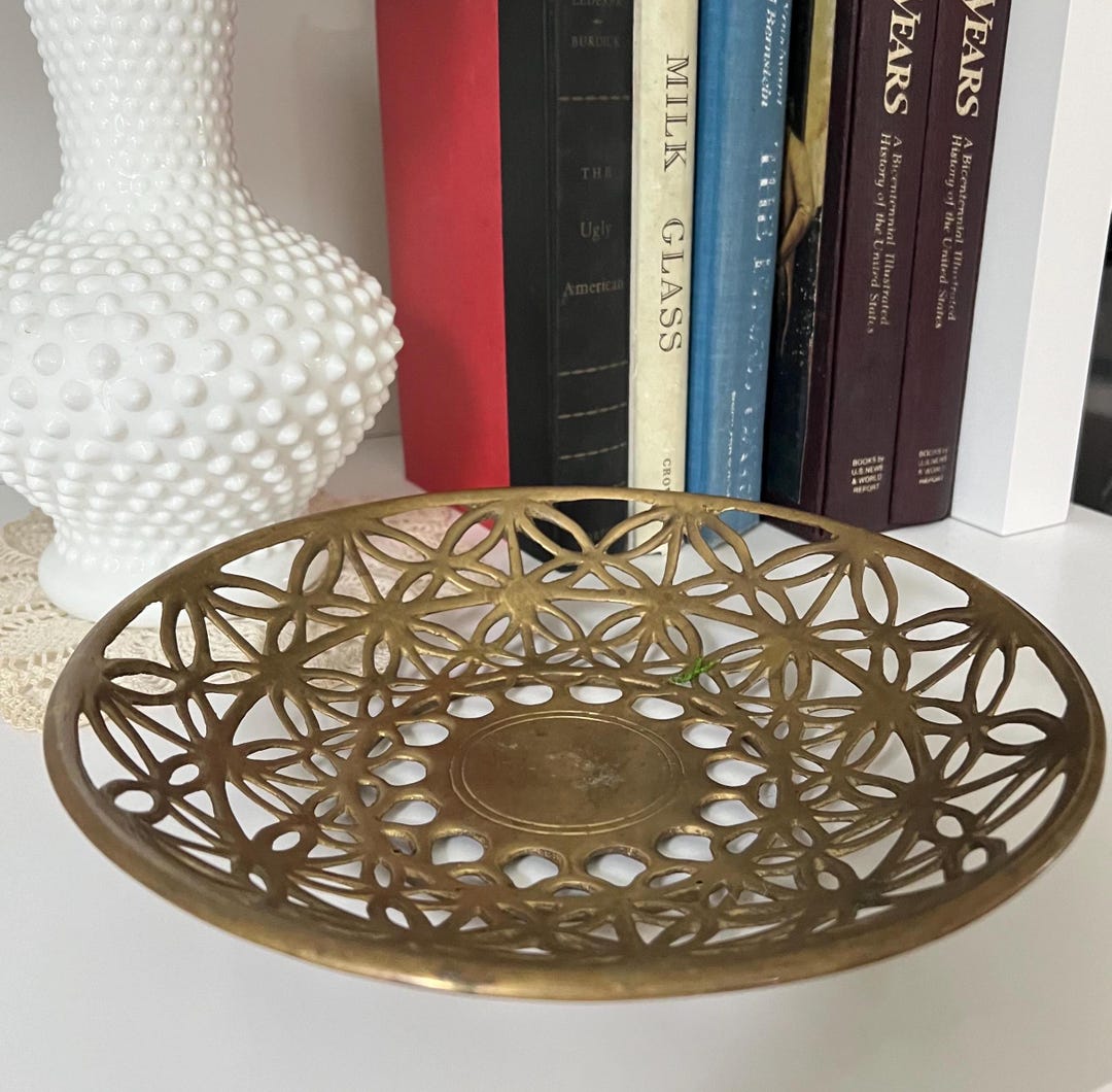 Brass Bowl Geometric Reticulated Pattern Boho MCM Decorative Home Decor ...