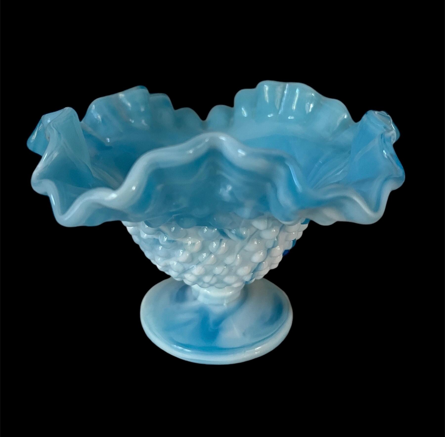 Fenton Blue White Slag Hobnail Glass Bowl Flair Ruffle Compote Marble 4 ...