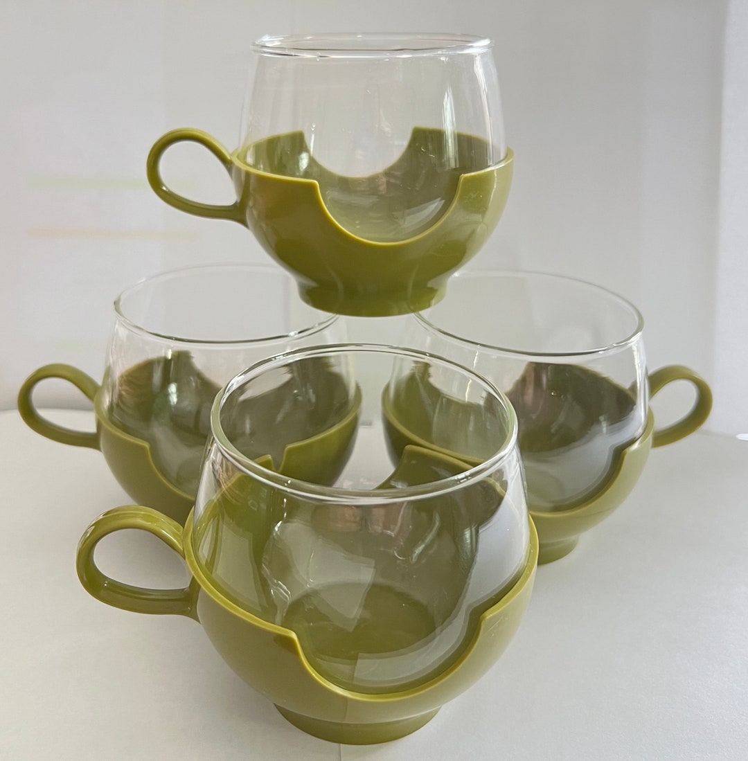 PYREX Roly Poly Glass Cups Avocado MCM Retro Green Sleeves Coffee Tea ...