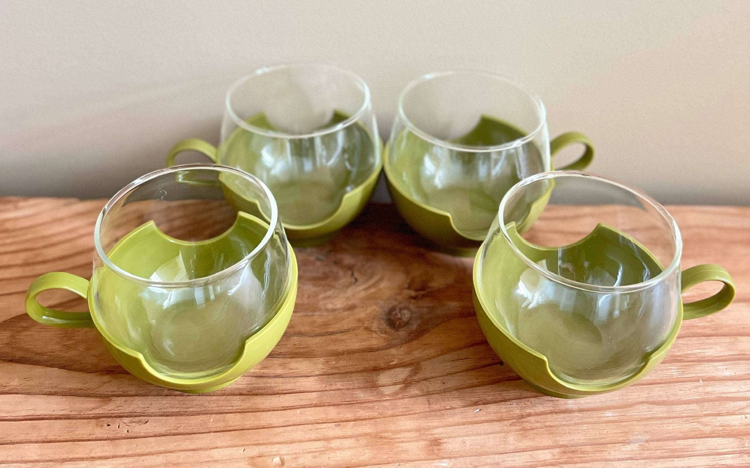 PYREX Roly Poly Glass Cups Avocado MCM Retro Green Sleeves Coffee Tea ...