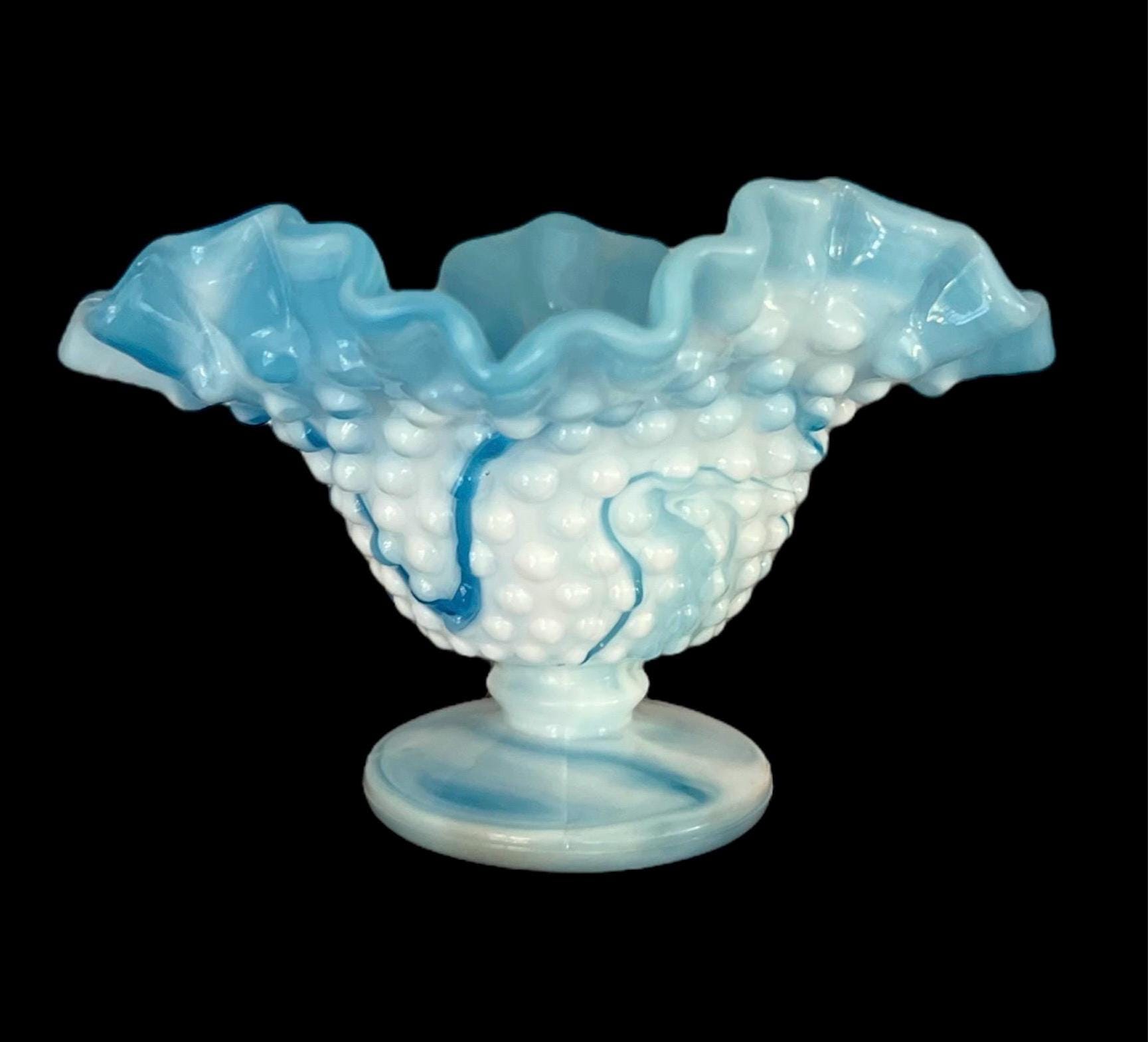 Fenton Blue White Slag Hobnail Glass Bowl Flair Ruffle Compote Marble 4 ...