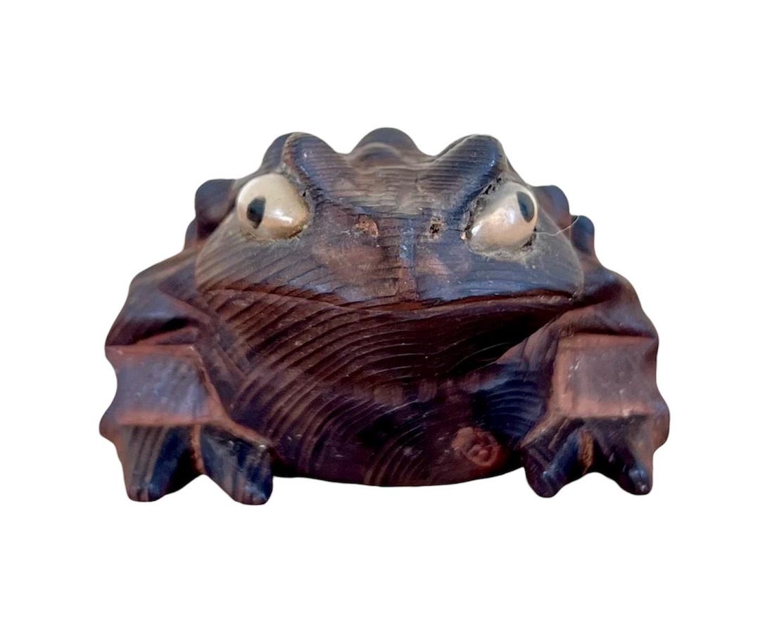 Japanese Sugi Cryptomaria Frog Toad Had Carved Wood Sculpture Figurine ...