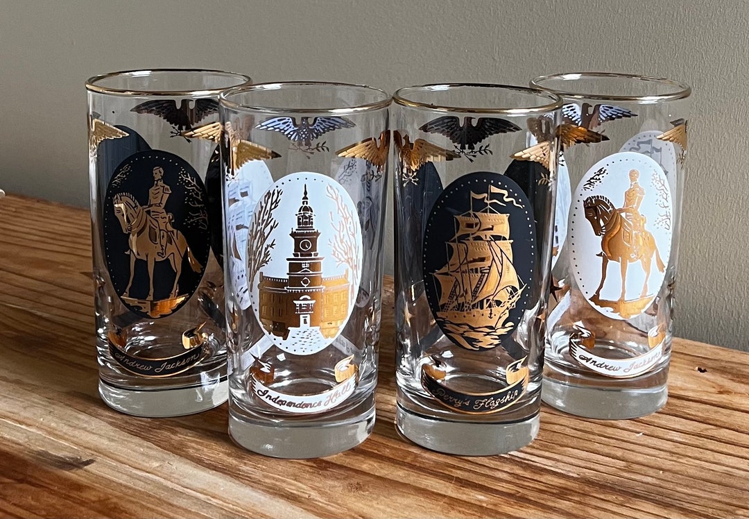 4 Vintage Libbey MCM Retro Highball Glasses Gold Black Barware ...