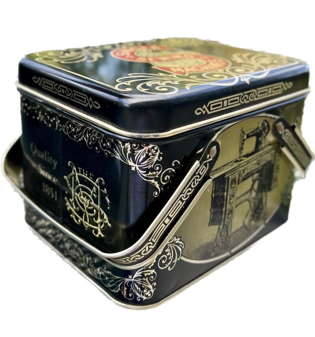 Singer Sewing Machine Tin Container Double Handles Black Gold Red ...