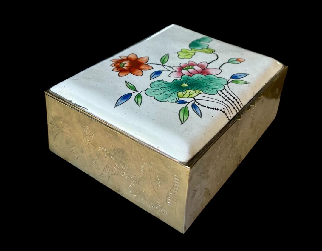 Vintage Enamel Brass Box Etched Cedar Lined Floral Design Hand Painted ...
