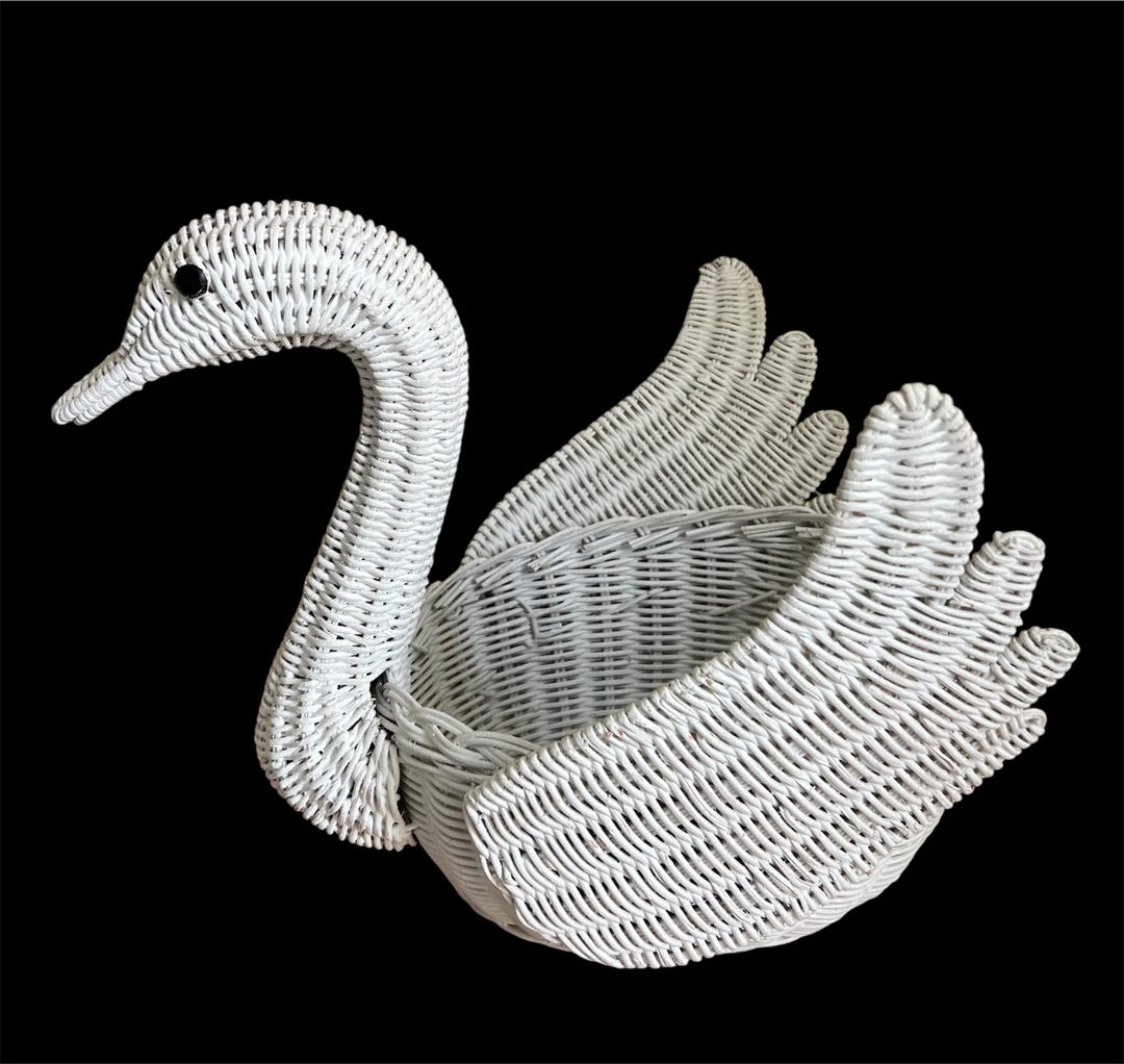 White Wicker Swan Animal Bird Goose Planter Holder Basket Rattan Garden ...