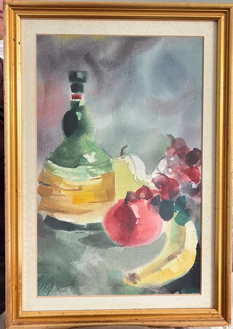 Watercolor Painting Still Life Signed Fruits Wine Realism Framed ...