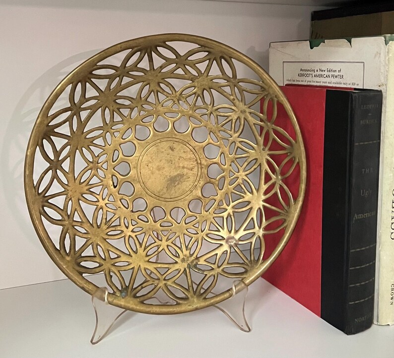 Brass Bowl Geometric Reticulated Pattern Boho MCM Decorative Home Decor ...