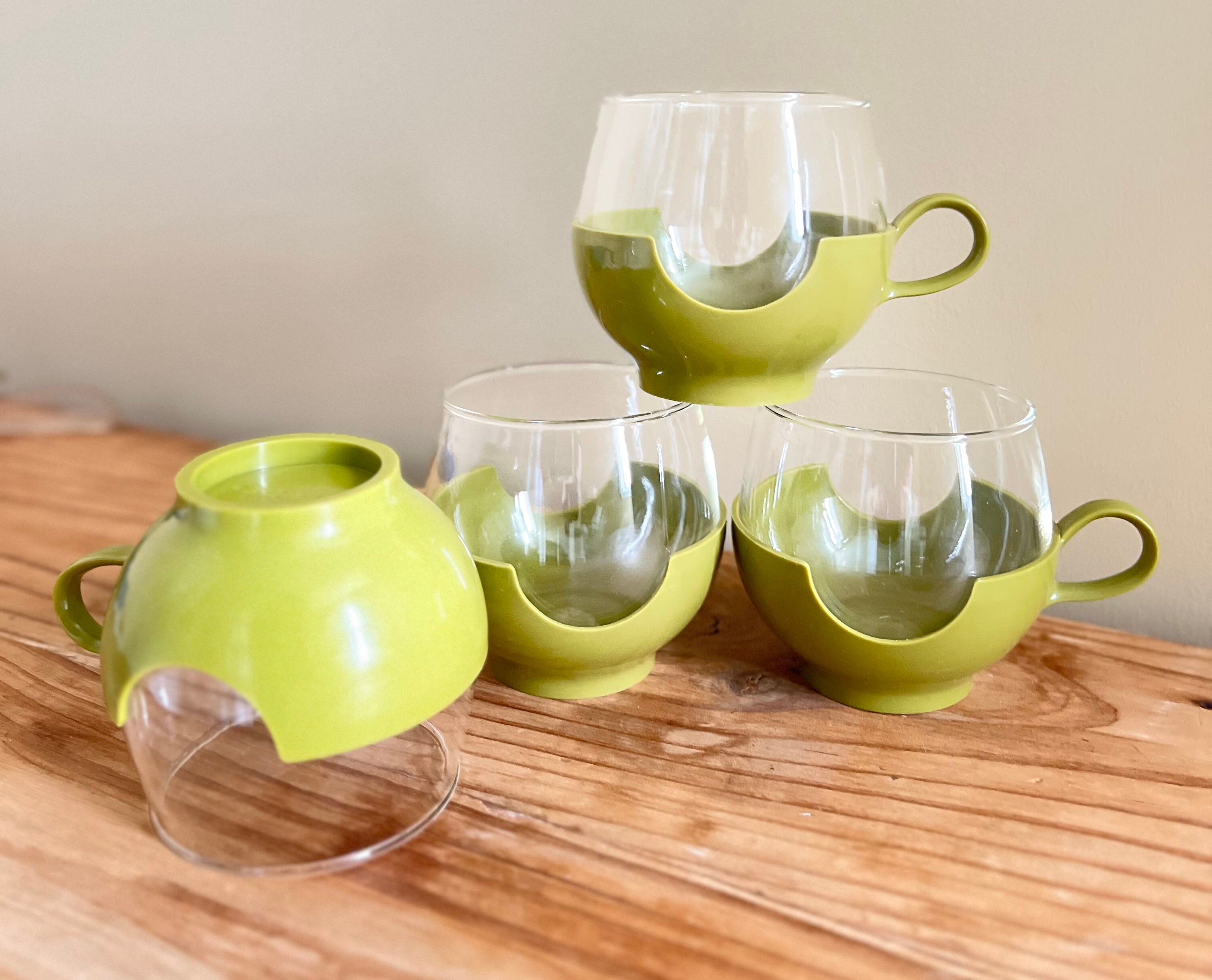 PYREX Roly Poly Glass Cups Avocado MCM Retro Green Sleeves Coffee Tea ...