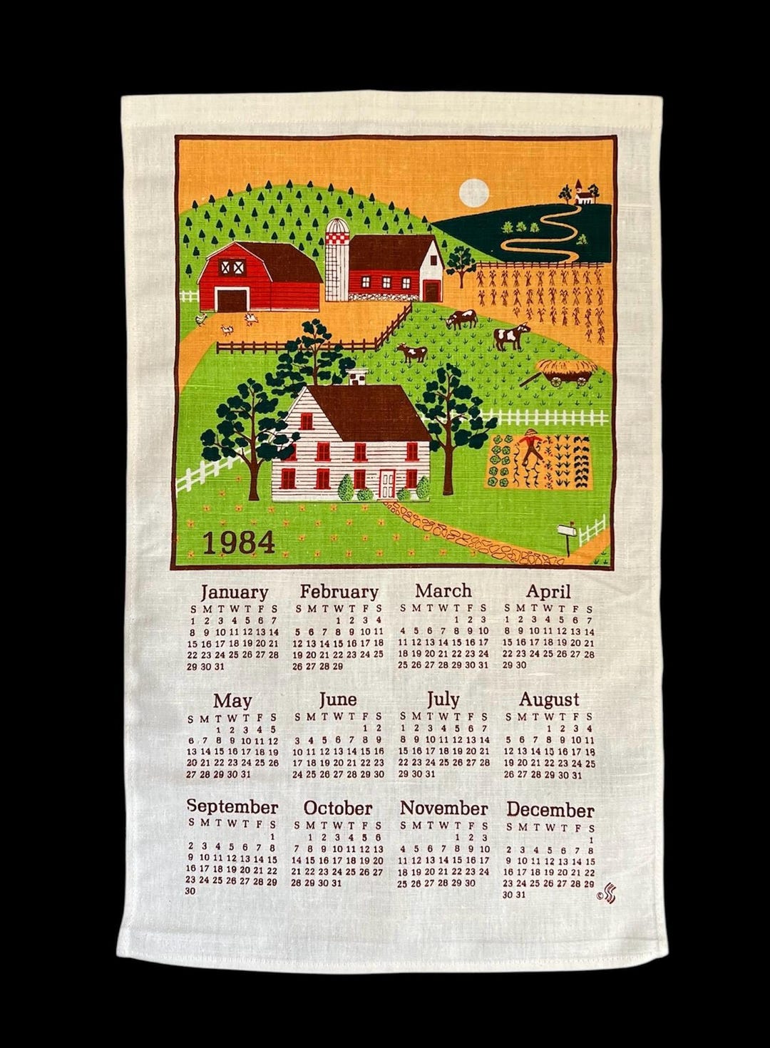 1984 Vintage Tea Towel Hanging Calendar Farm House Country Scene ...