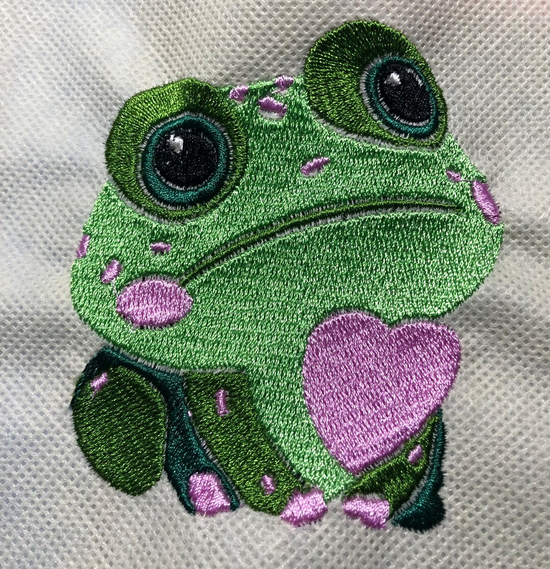 Cute Little Sad Face Frog With Great Big Pink Heart Kawaii Embroidery ...