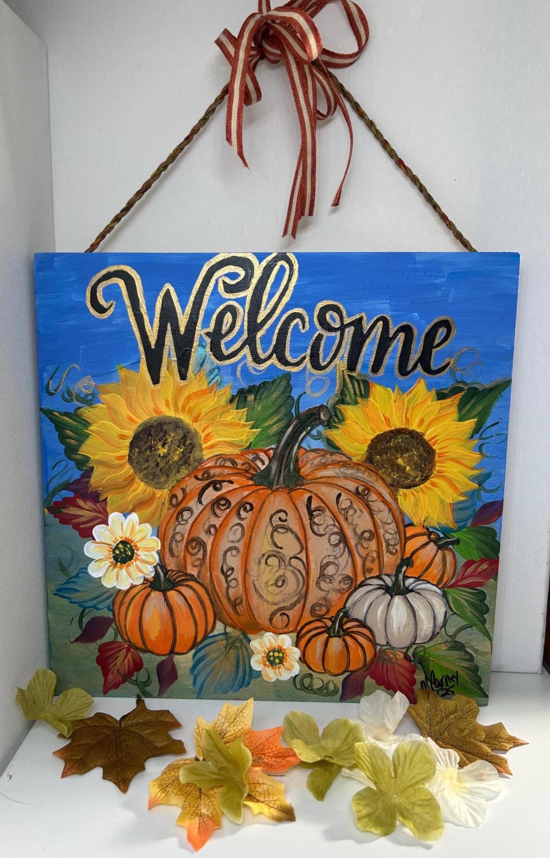 Hand Painted Fall Welcome Sign 12x12 Sunflowers and Pumpkins Wall ...