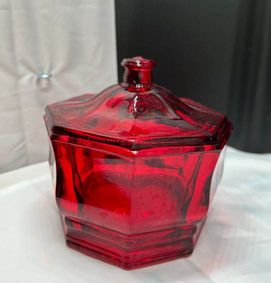 Ruby Red Glass Octagon Lidded Candy Dish Bowl Indiana Glass , Gorgeous ...
