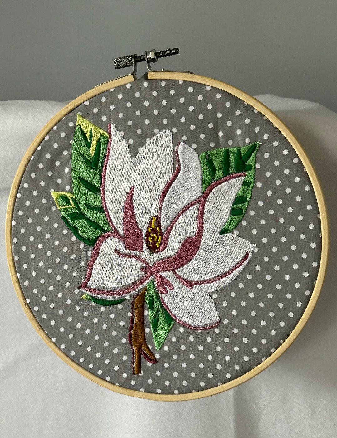 MAGNOLIA Embroidered Wall Hanging in 8” Embroidery Hoop Gray Polka Dot ...