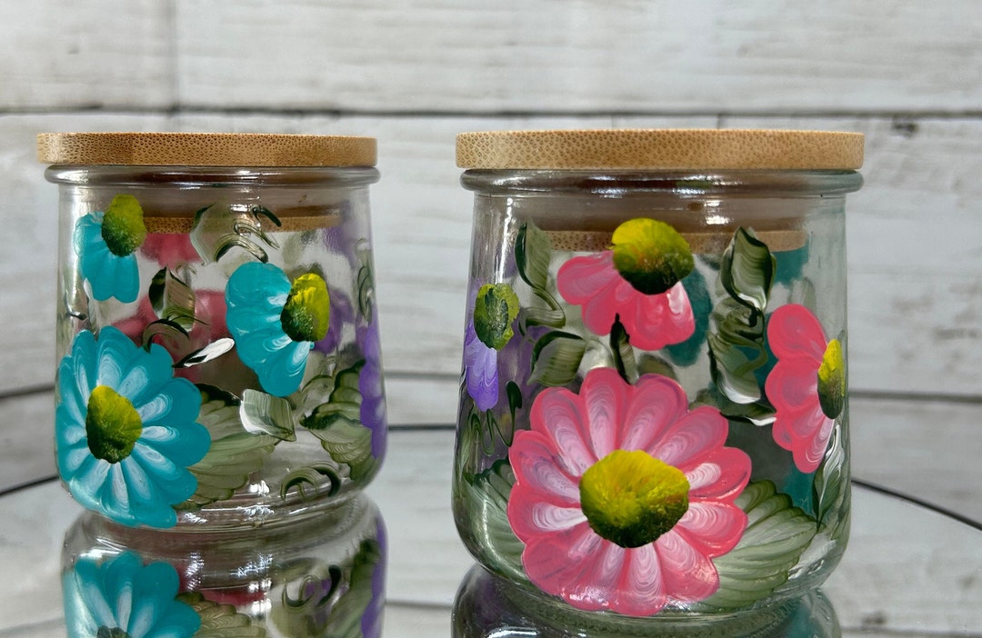 Set of 2 Hand Painted Oui Jars With Lids,colorful Daisies Pink Purple ...
