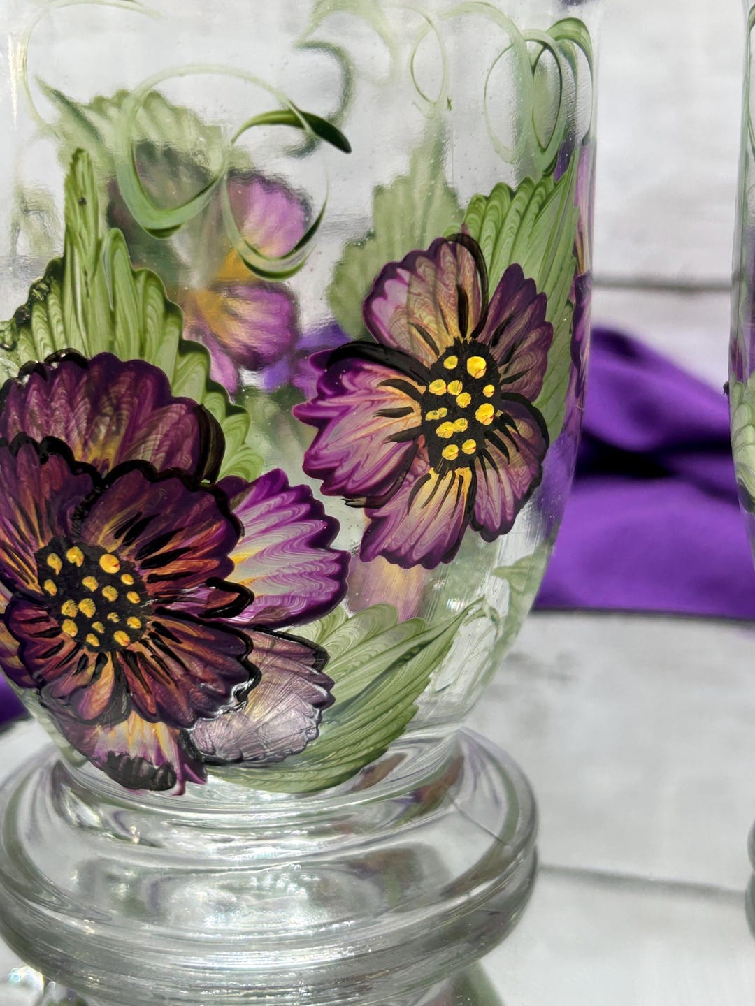 Set of 2 Hand Painted Large Mugs Purple Flower Garden on Clear Glass 12 ...