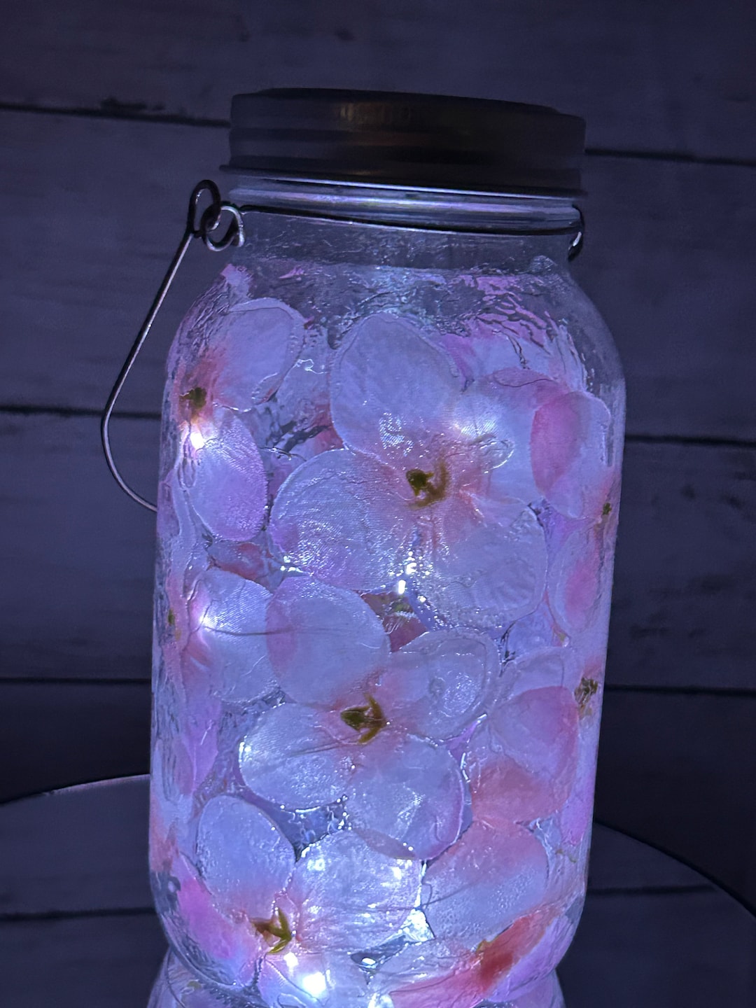 Mason Jar Solar Fairy Light Lantern Pink Hydrangeas Garden Quart Size ...