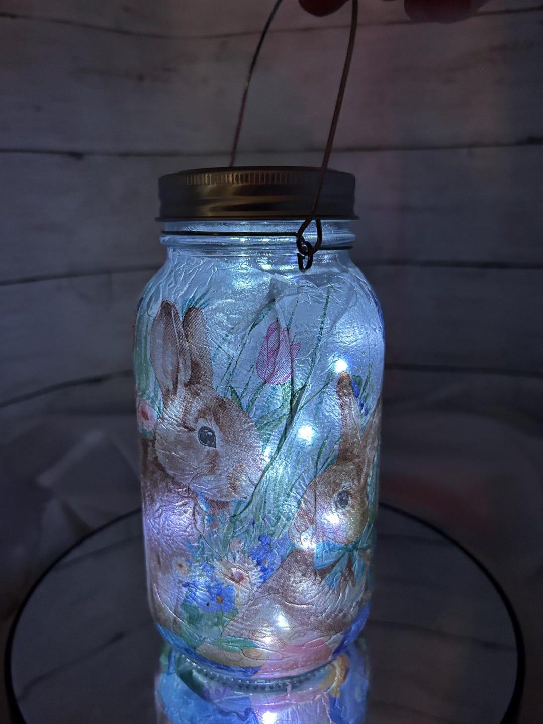 Bunnies, Rabbits in the Garden With Butterflies Soft Lighting Mason Jar ...
