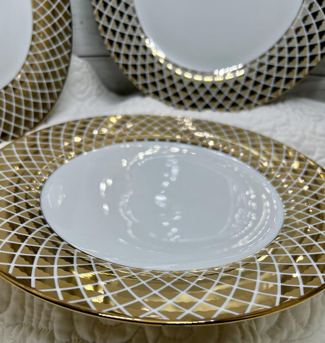 Set of 4 Ciroa Luxe Lattis Gold Dinner Plates – 10 5/8” White Porcelain ...