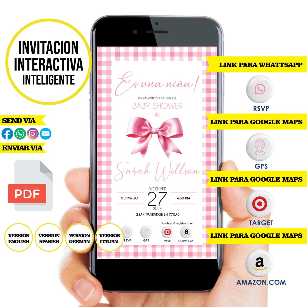 Pink Gingham Ribbon, Smart Invitation, Interactive Invitation, With ...