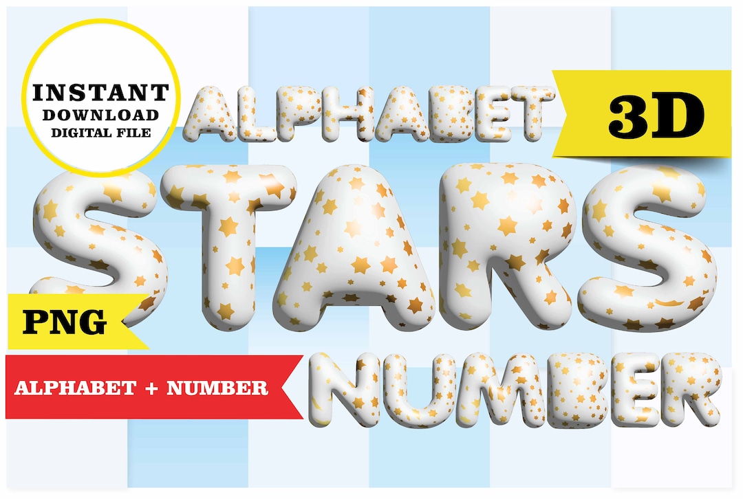 STAR Alphabet Number 3D, Letters Clipart 3D, PNG Golden Star ...