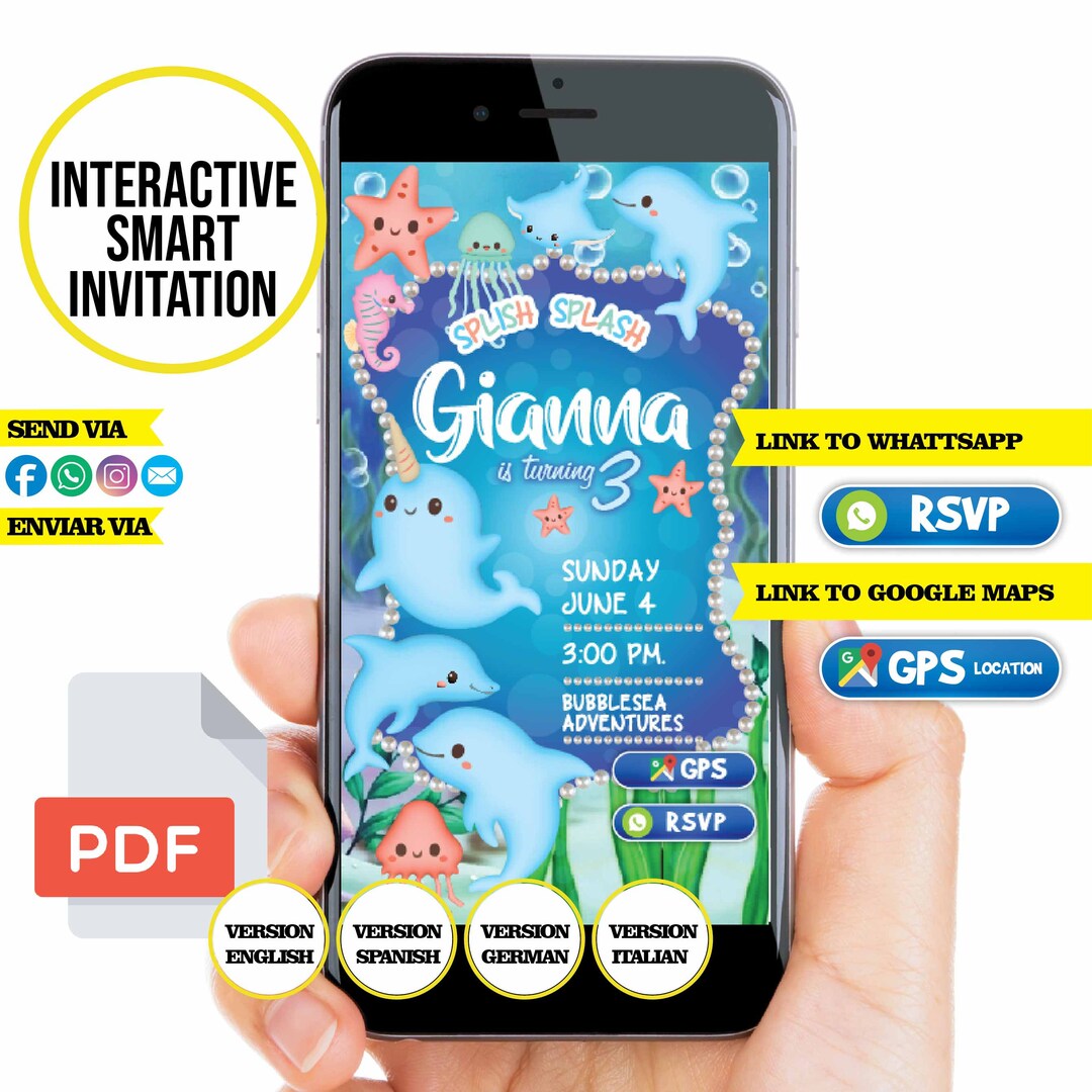 Narwhal, Party, Interactive Invitation, Dolphin Birthday Invitation ...